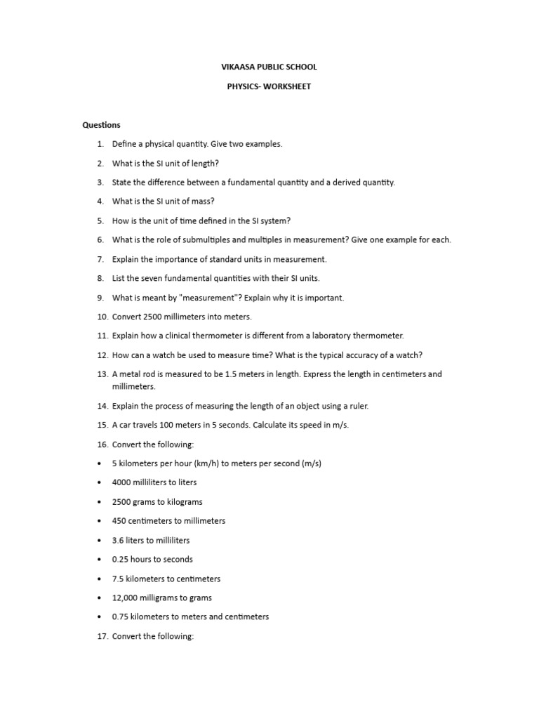 Class 6 Physics Measurement Worksheet | PDF