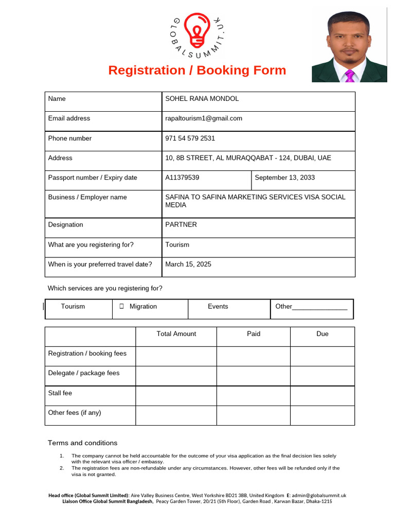 Tourism Registration Form for Global Summit | PDF | Travel Visa ...