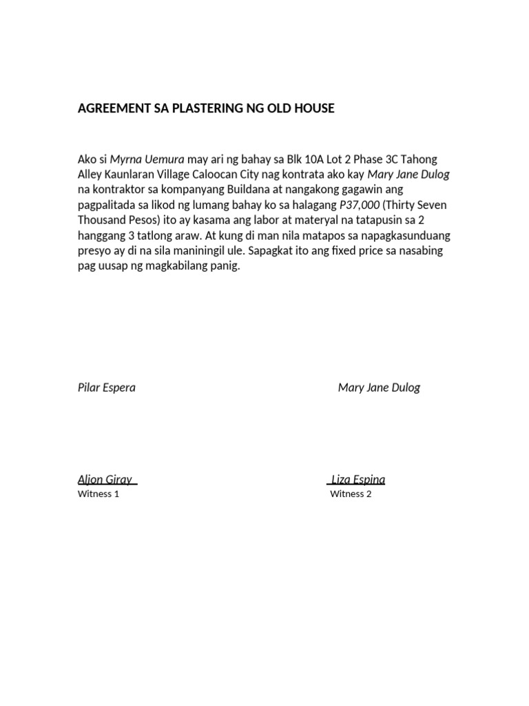Agreement Sa Plastering Sa Old House | PDF