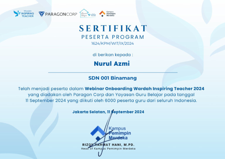 Sertifikat Webinar OnBoarding WIT 2024 Nurul Azmi Dari SDN 001 Binamang | PDF