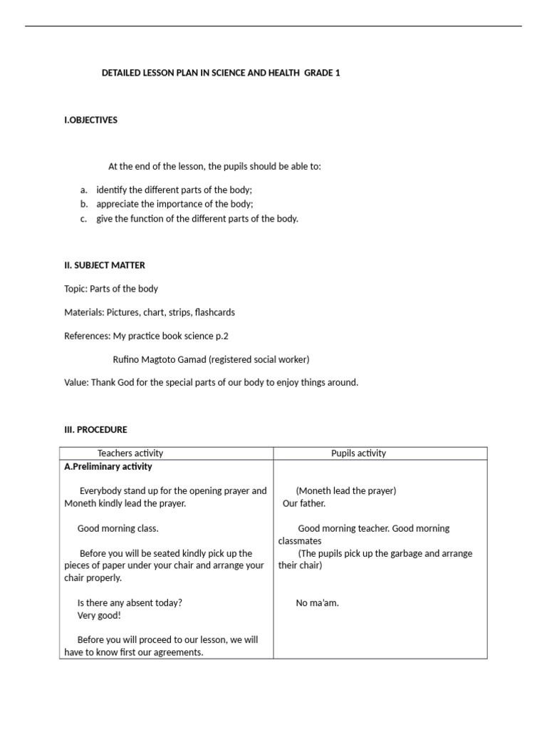 Grade 1 Lesson Plan: Body Parts | PDF