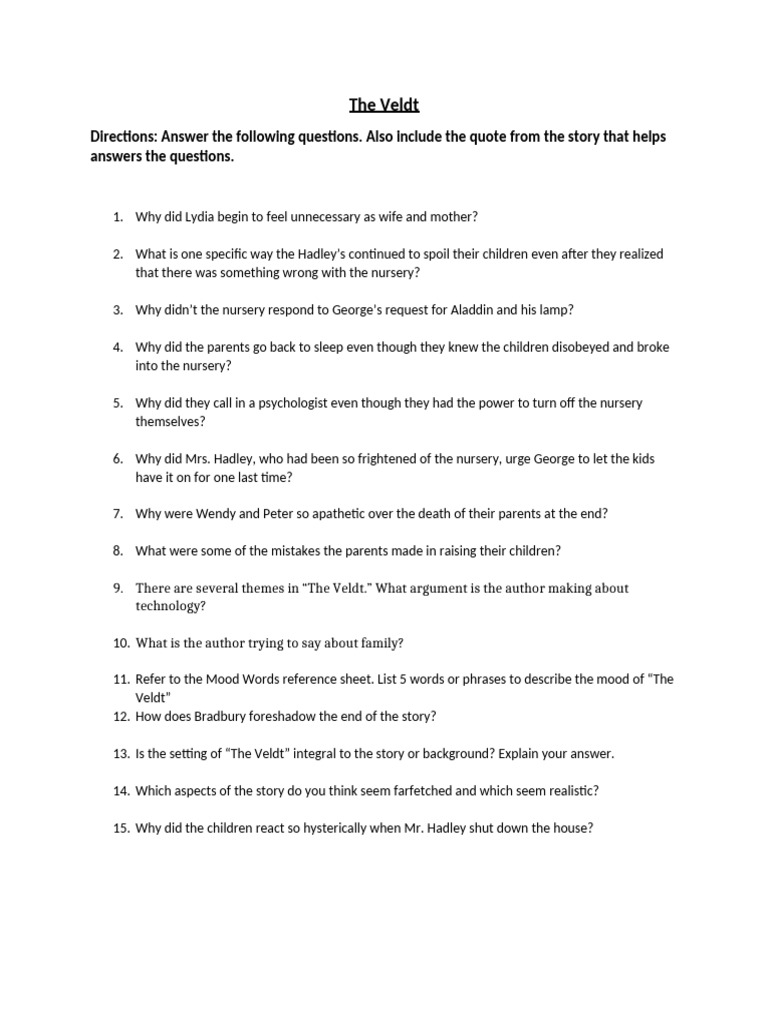 The Veldt Study Questions | PDF