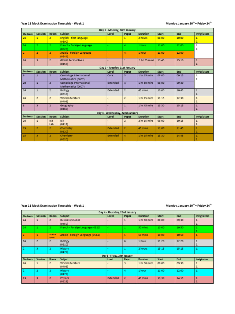 Year 11 Mock Examination Timetable 2001 - 3101 Draft 3 | PDF