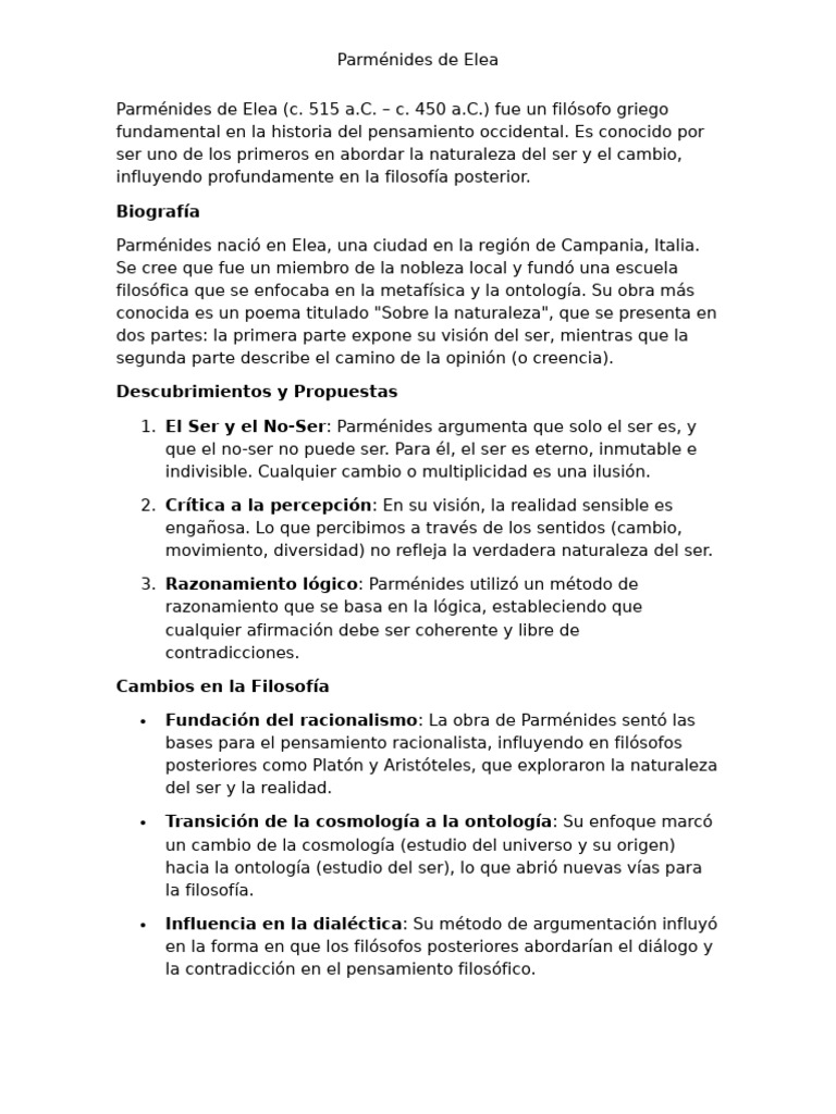 Biografía y Filosofía de Parménides | PDF