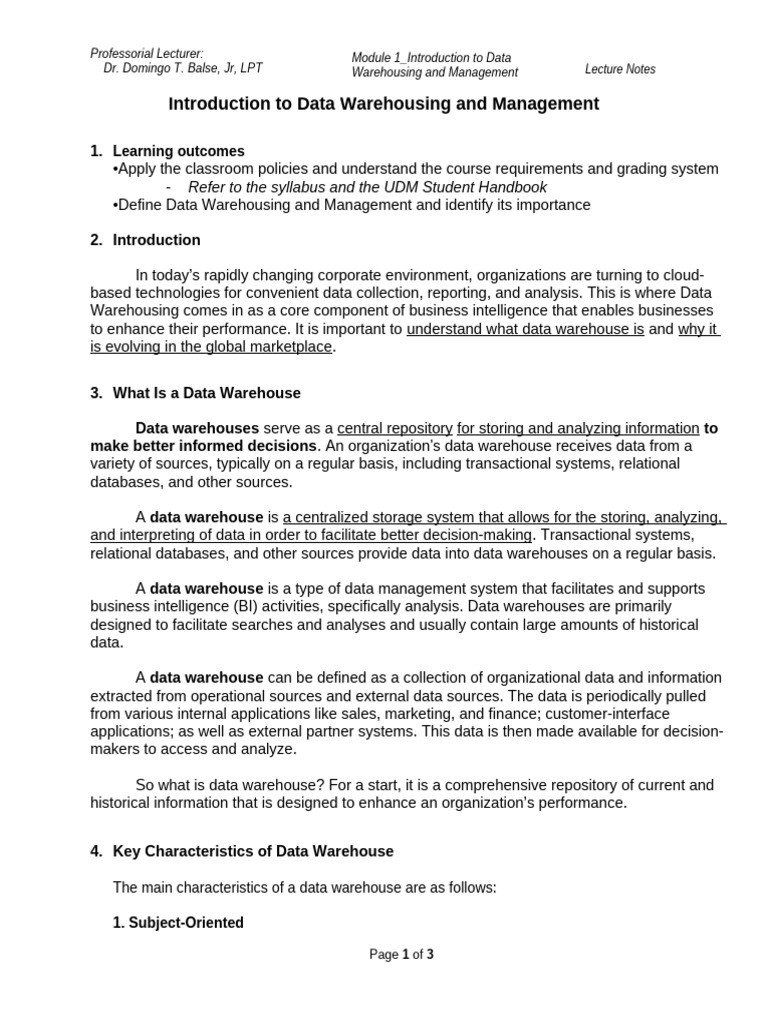 Module 1 - Introduction To Data Warehousing and Management | PDF | Data Warehouse | Data