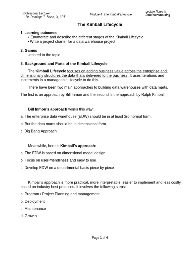 Module 4 - The Kimball Lifecycle | PDF | Data Warehouse | Business ...