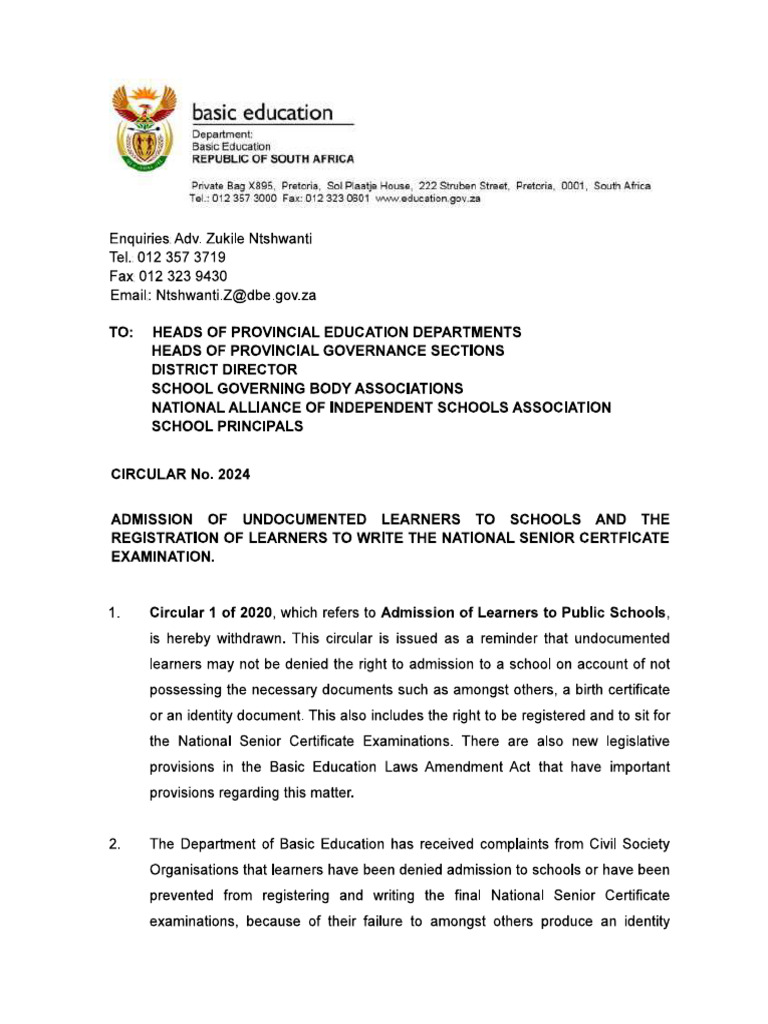 DBE Circular Updated 2024 Undoc Learners | PDF