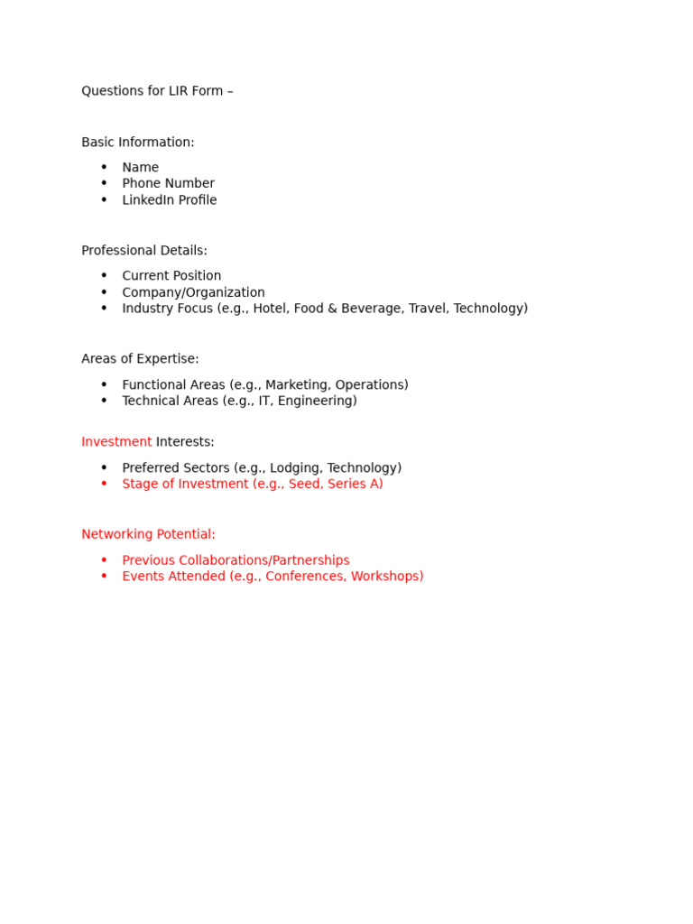 Questions for LIR Form | PDF