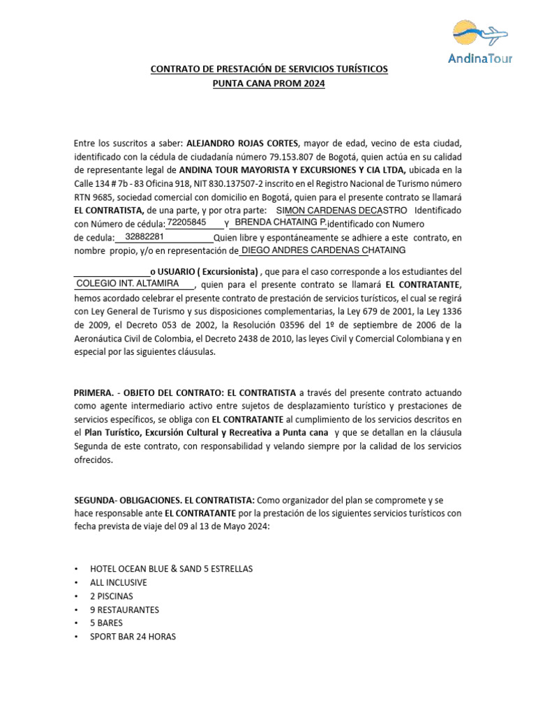 Contrato de Prestación de Servicios Turísticos. Altamira Diego Cardenas | PDF | Hotel ...