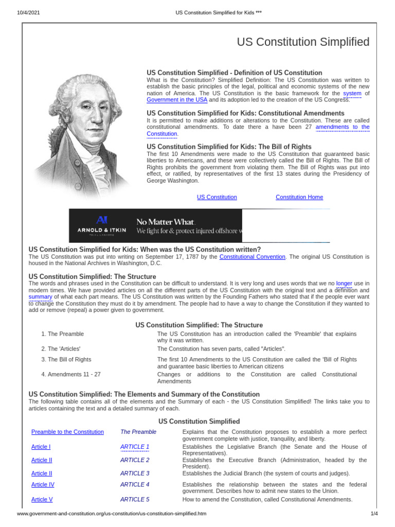 US Constitution Simplified For Kids | PDF | United States Bill Of ...