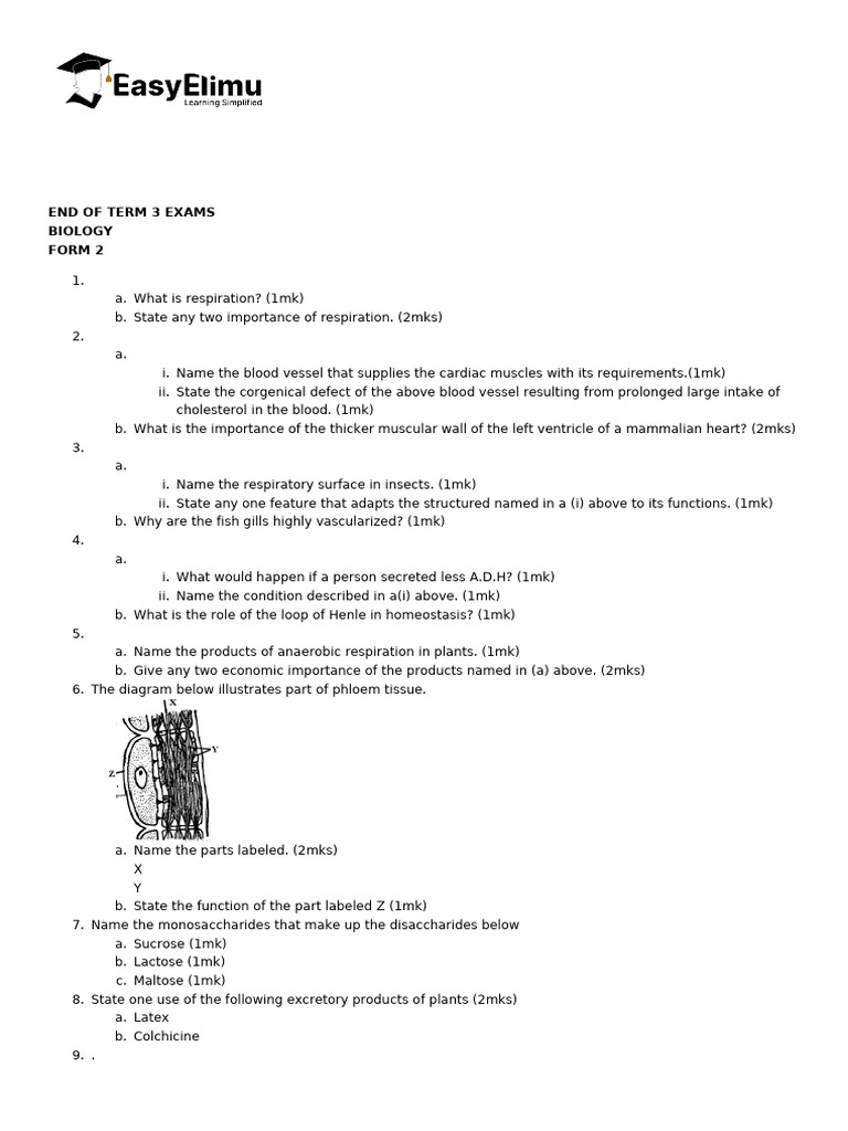 Form 2 Biology Exam Q&A 2021 | PDF | Blood | Glucose