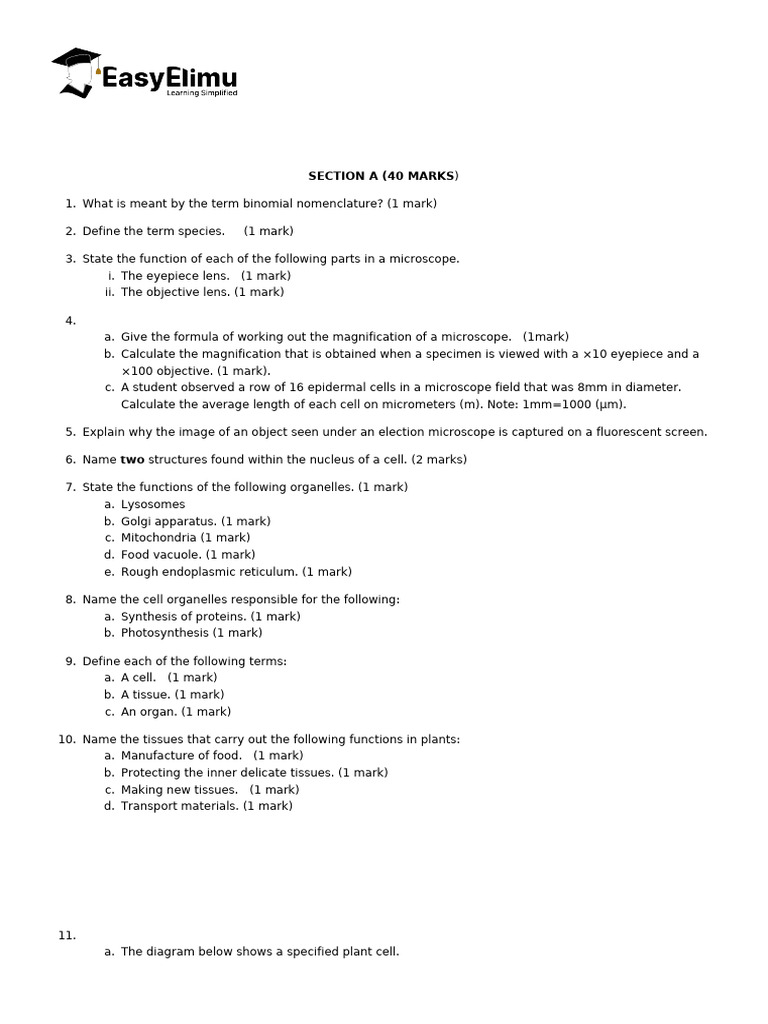 Biology Exam Questions - Form 2 2019 | PDF | Cell (Biology) | Microscope