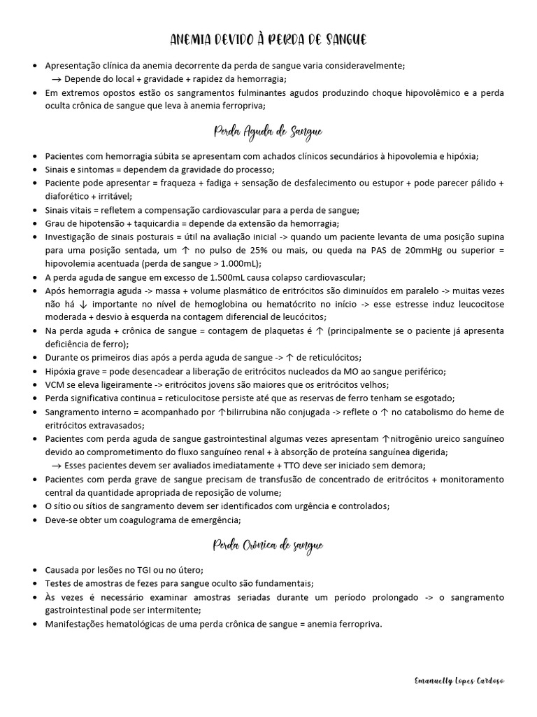 Anemia por Perda de Sangue: Causas e Sintomas | PDF | Anemia | Sangue