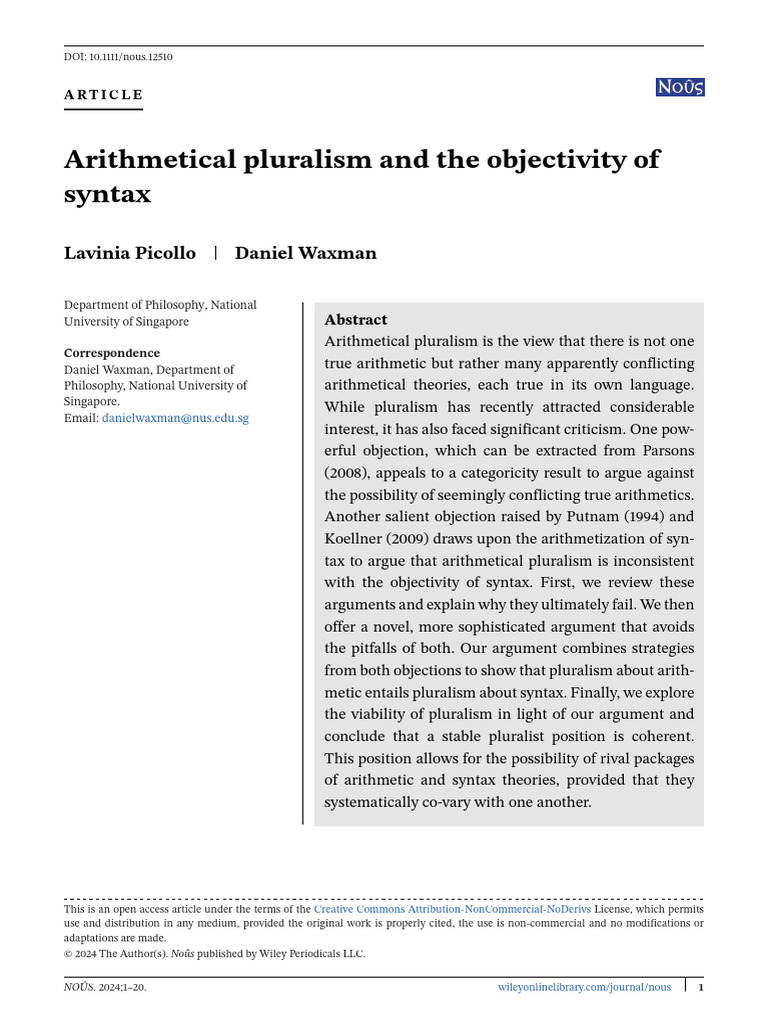 Arithmetical Pluralism and The Objectivity of Syntax | PDF | Axiom | Theory