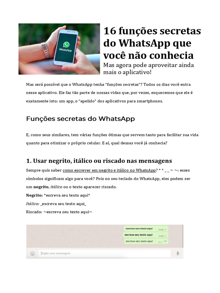 16 Funções Secretas do WhatsApp | PDF | Celulares | Informática
