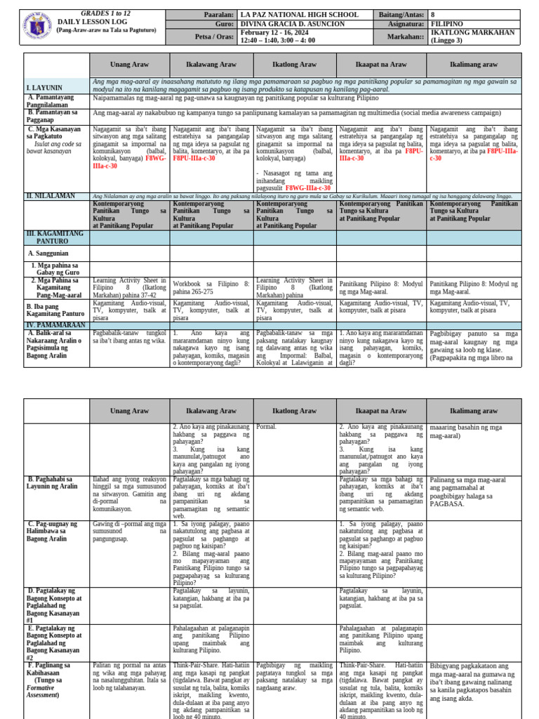 DLL Filipino 8 (Ikatlong Markahan Linggo 3) | PDF