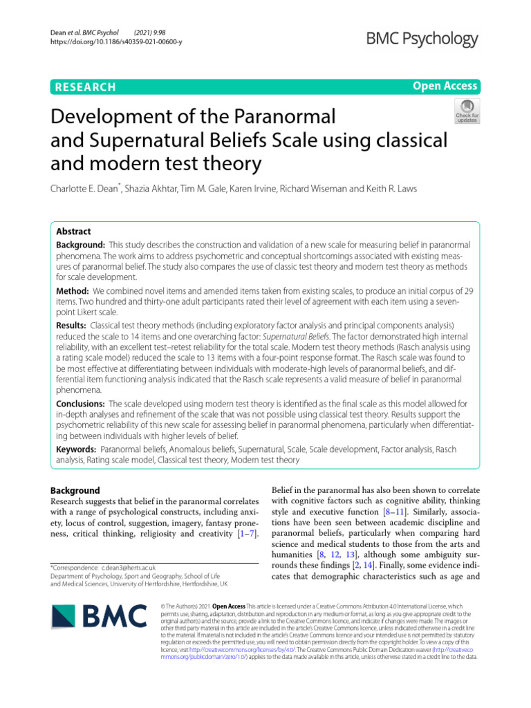 Development of The Paranormal and Supernatural Beliefs Scale Using ...