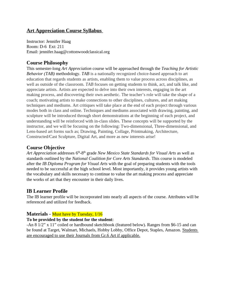 Art Appreciation Course Syllabus | PDF | Visual Arts Education ...