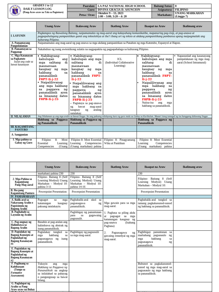 DLL Filipino 8 (Unang Markahan Linggo 7) | PDF