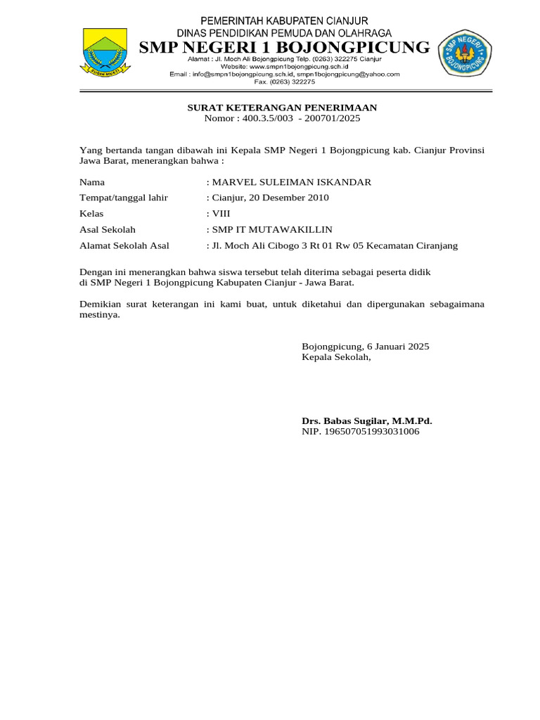 Surat Keterangan Diterima | PDF