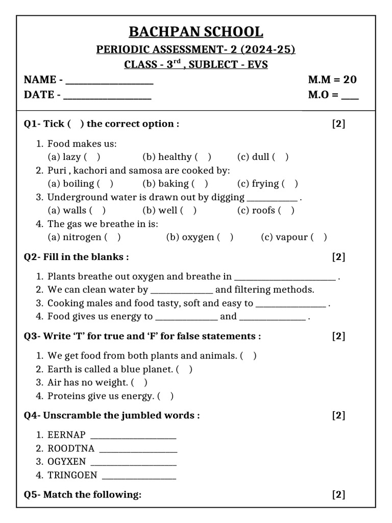 class - 3 EVS PAPER PA 2 | PDF | Foods | Water
