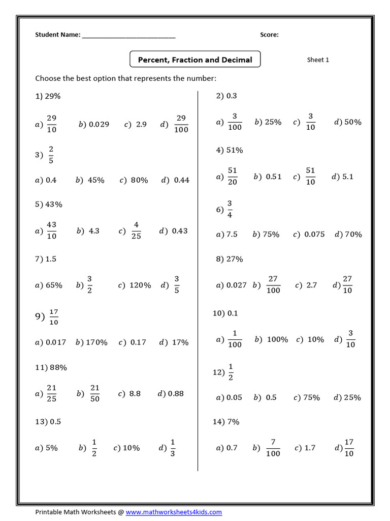 Frac_Dec_%-multiple-choice-1 | PDF | Division (Mathematics) | Arithmetic