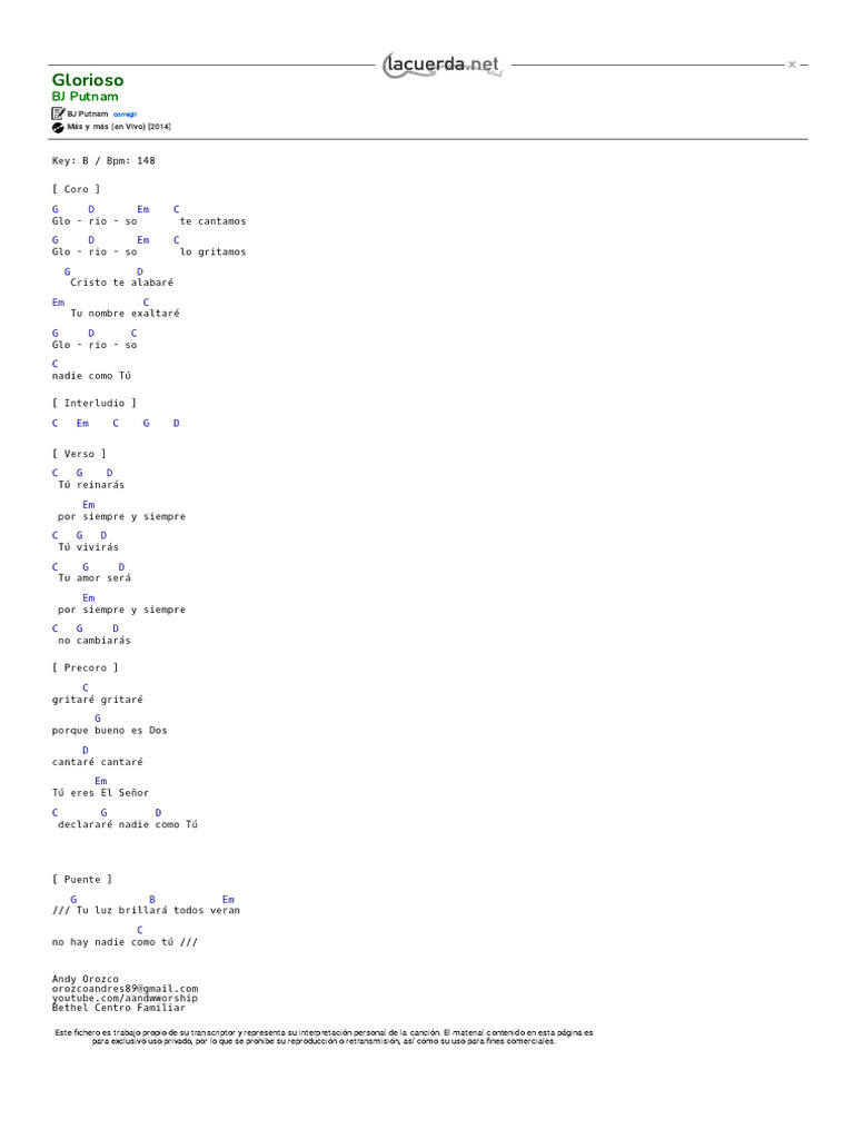 Letra de "Glorioso" de BJ Putnam | PDF