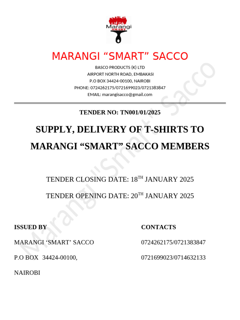 Marangi SACCO T-Shirt Supply Tender 2025 | PDF
