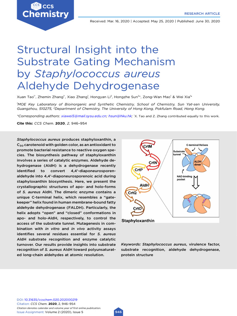 Structural Insight Into The Substrate Gating Mechanism by Staphylococcus Aureus Aldehyde ...