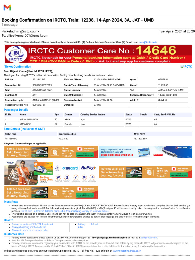 Gmail - Booking Confirmation on IRCTC, Train_ 12238, 14-Apr-2024, 3A ...