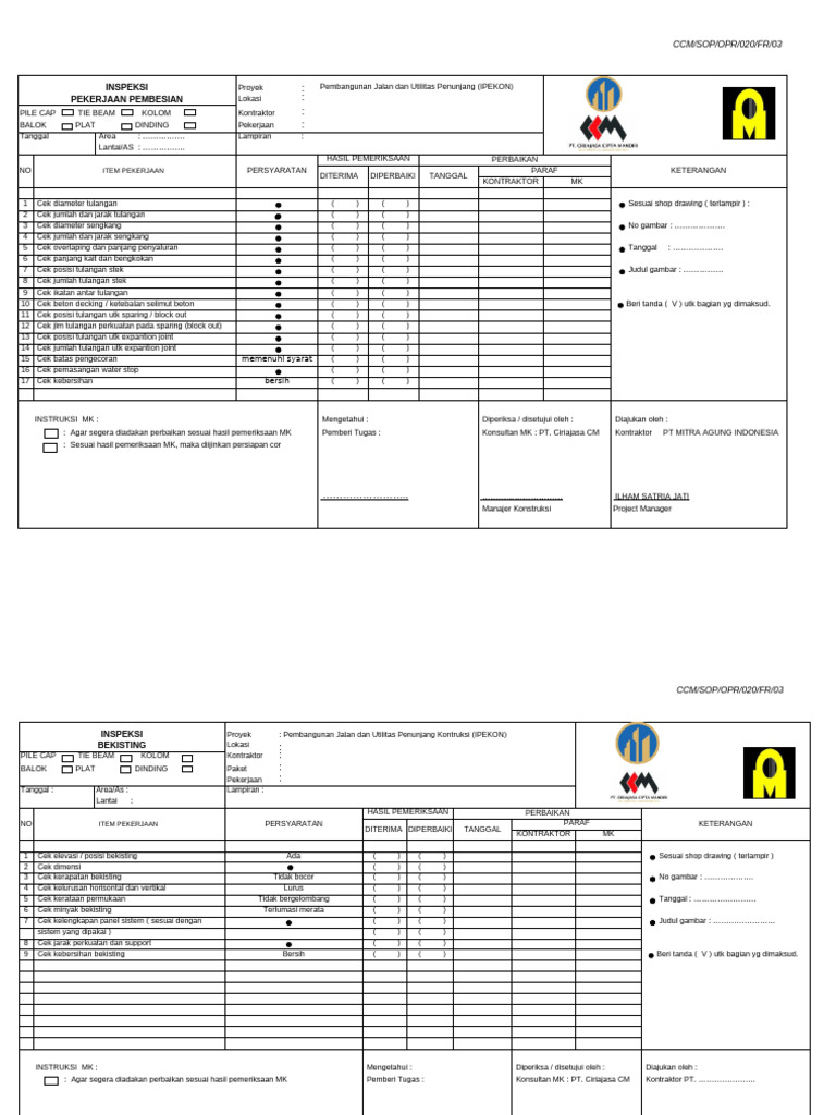 Form Inspeksi Besi, Bekisting, Cor | PDF