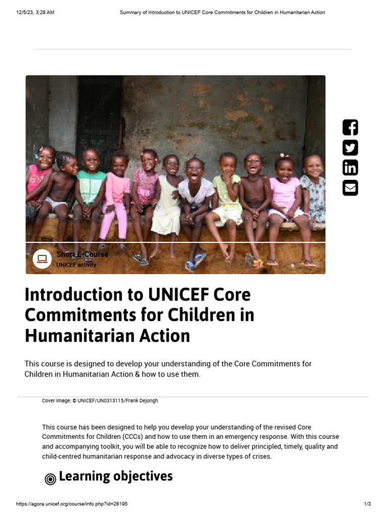Summary of Introduction to UNICEF Core Commitments for Children in Humanitarian Action | PDF ...