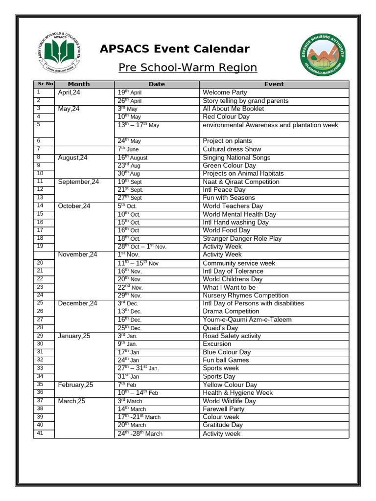 Aps&c Dhai Ph1 Event Calandar 24-25 | PDF
