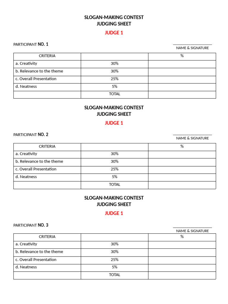 Judging Sheet (Slogan-Making) | PDF
