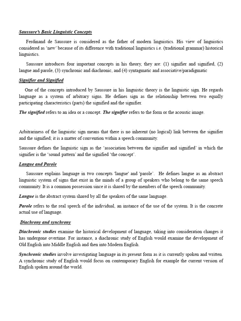 Saussure's Basic Linguistic Concepts | PDF | Linguistics | Cognitive ...
