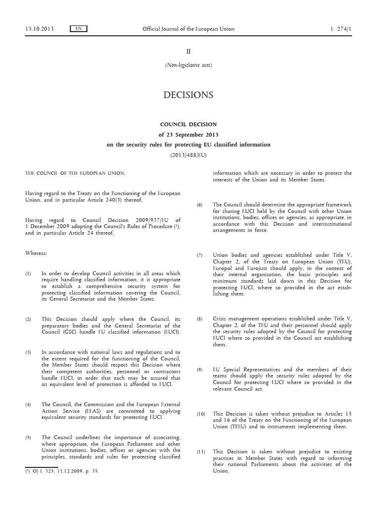 Decision 2013 - 488 - EU Protecting Classified Information | PDF ...
