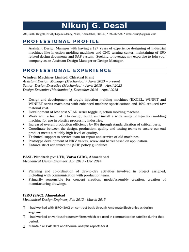 Resume Nikunj Desai 20062023 | PDF | Mechanical Engineering