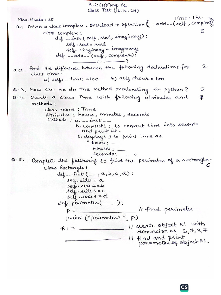 Class Test Oops Python 16 12.2024 | PDF