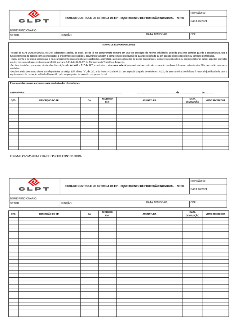 Controle de Entrega de EPI NR-06 | PDF | Equipamentos de proteção ...