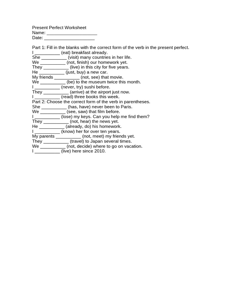 Present Perfect Worksheet | PDF