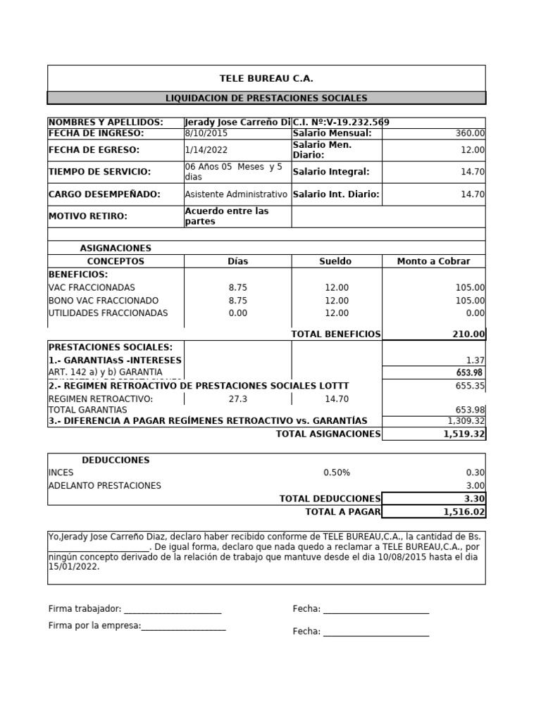 Prestaciones y Liquidacion Jerady Carreño 24-01 | PDF