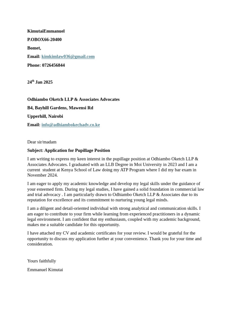 Pupillage Application - Emmanuel Kimutai | PDF