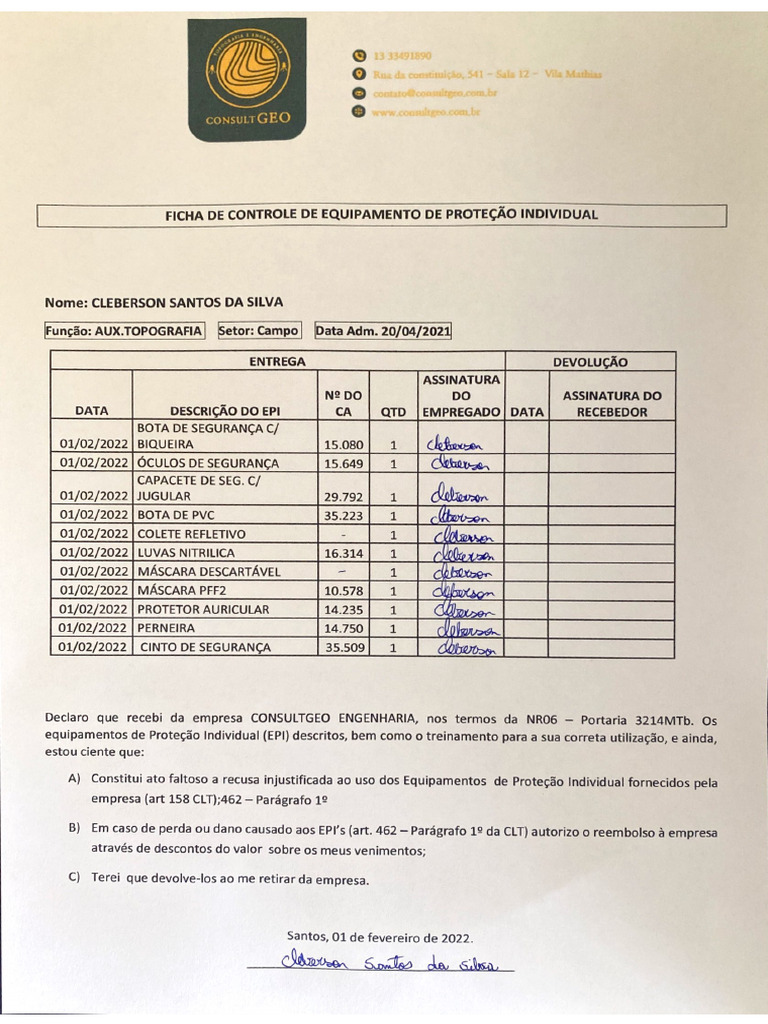Ficha de EPI Cleberson | PDF