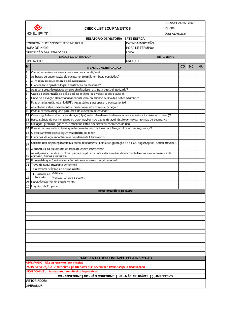 Form-Clpt-Sms-066-Relatório de Vistoria Bate Estaca | PDF