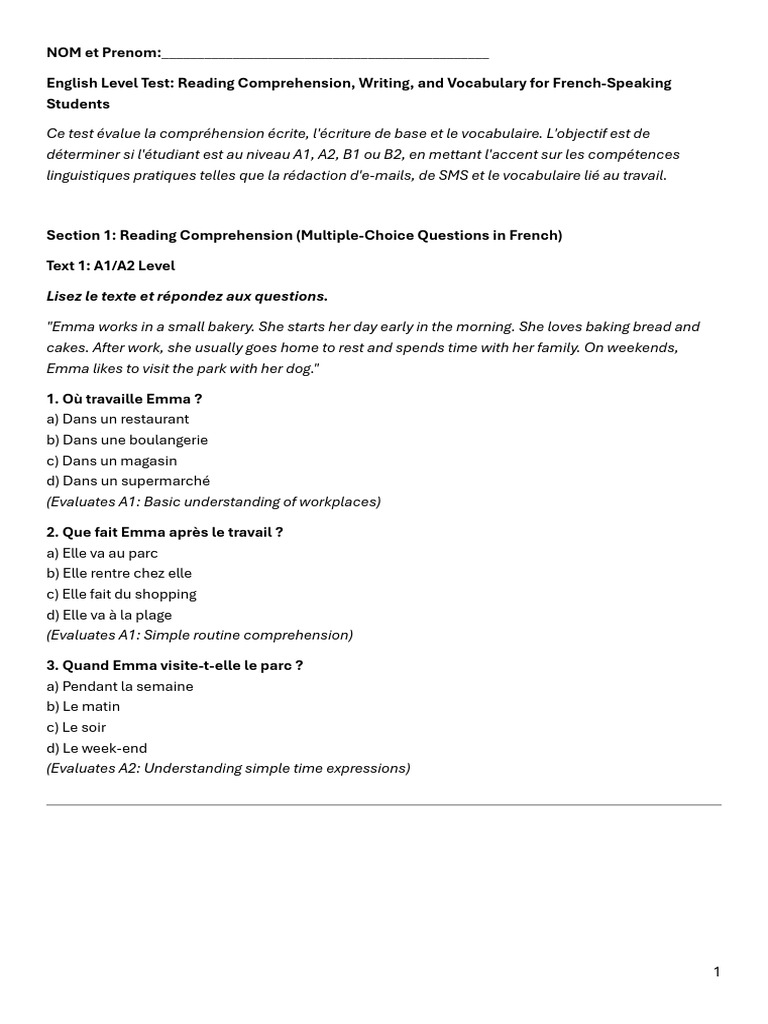 Level Test Reading Comprehension Anglais | PDF | Learning | Reading ...