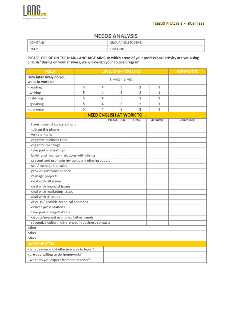 Business English Needs Analysis Form | PDF