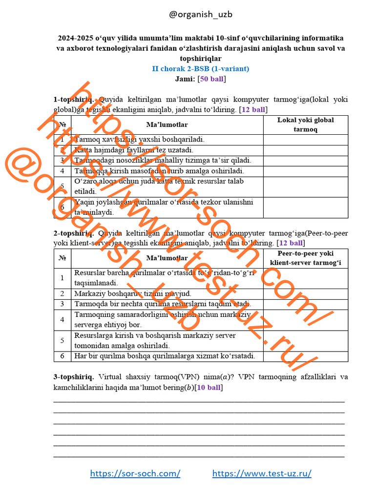 10 Sinf Informatika BSB-2 Var 1 | PDF