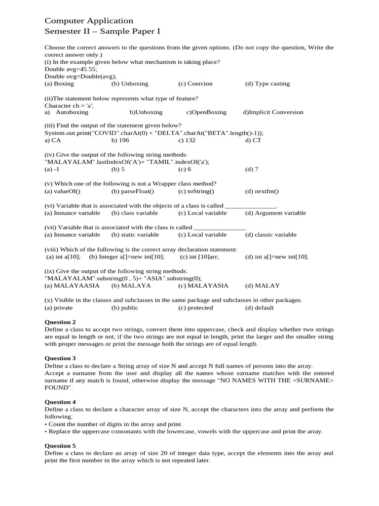 Computer Application Semester 2 Sample Paper 1 | PDF | String (Computer Science) | Integer ...