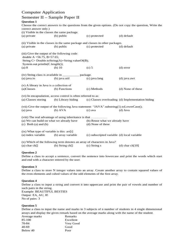 Computer Application Semester 2 Sample Paper 2 | PDF | String (Computer Science) | Java ...
