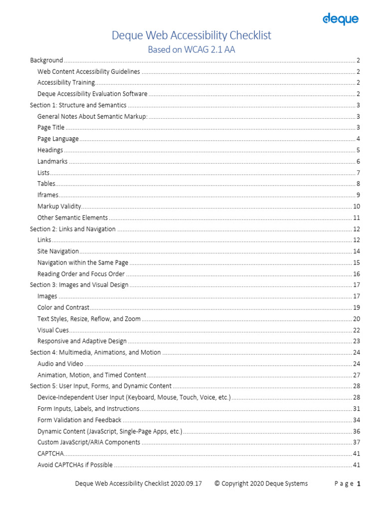 Deque - Web Accessibility Checklist - Based On WCAG 2.1 AA | PDF | Html Element | World Wide Web